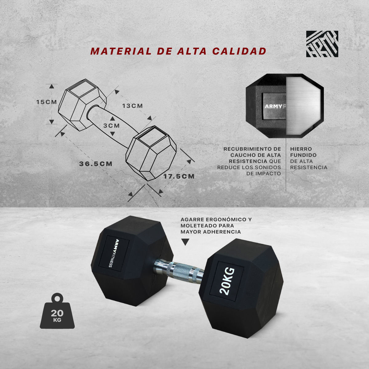 Army Fitness. Mancuerna Hexagonal 20kg | Army Sello Blanco - Fuerza Élite